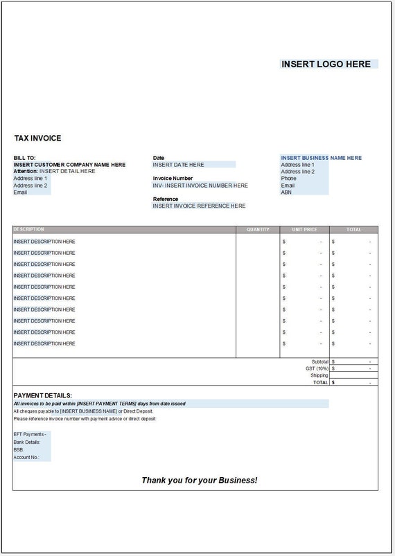 Tax Invoice Editable Excel Template | Etsy