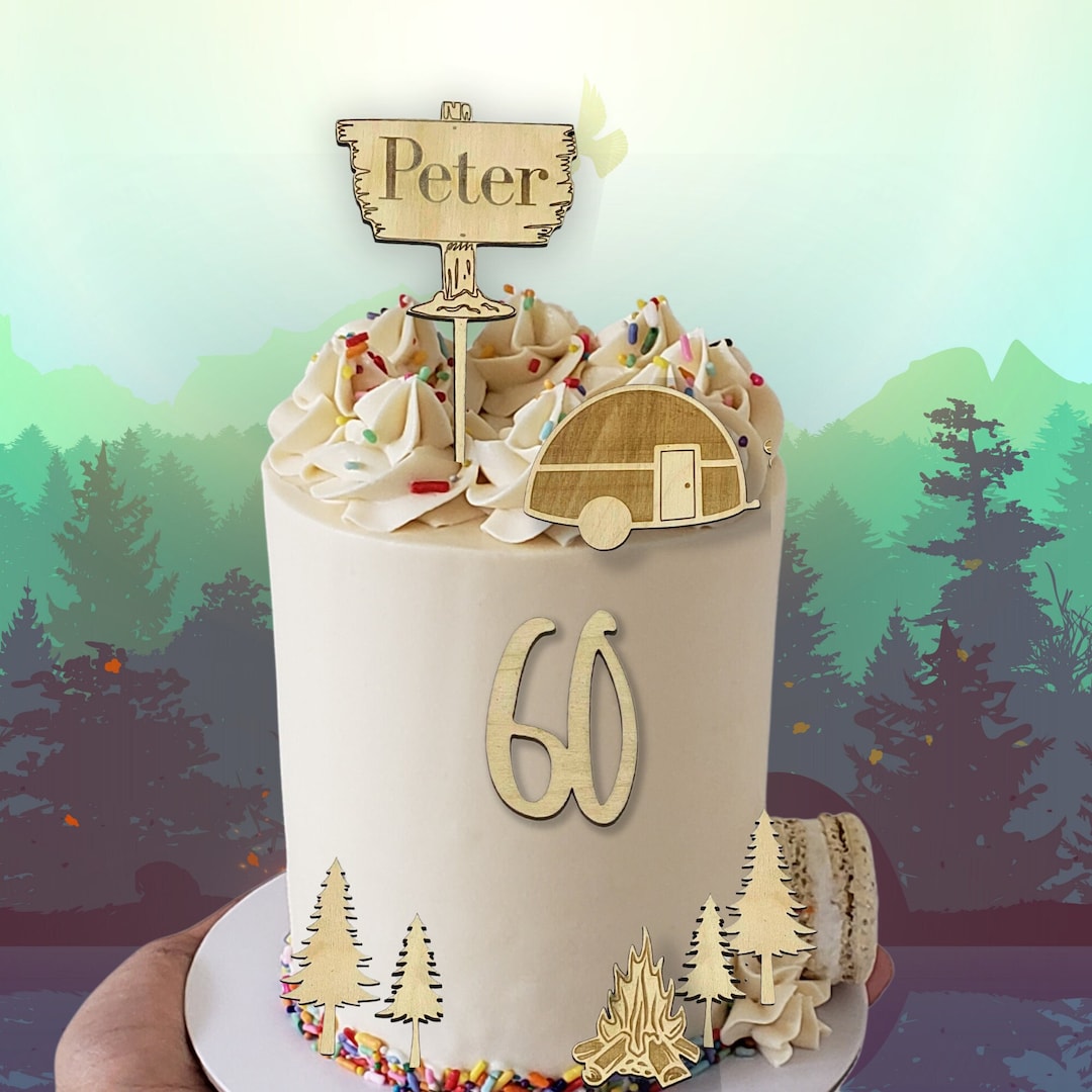 Camping Theme Cake Topper - Personalised - Signpost Campfire Caravan ...