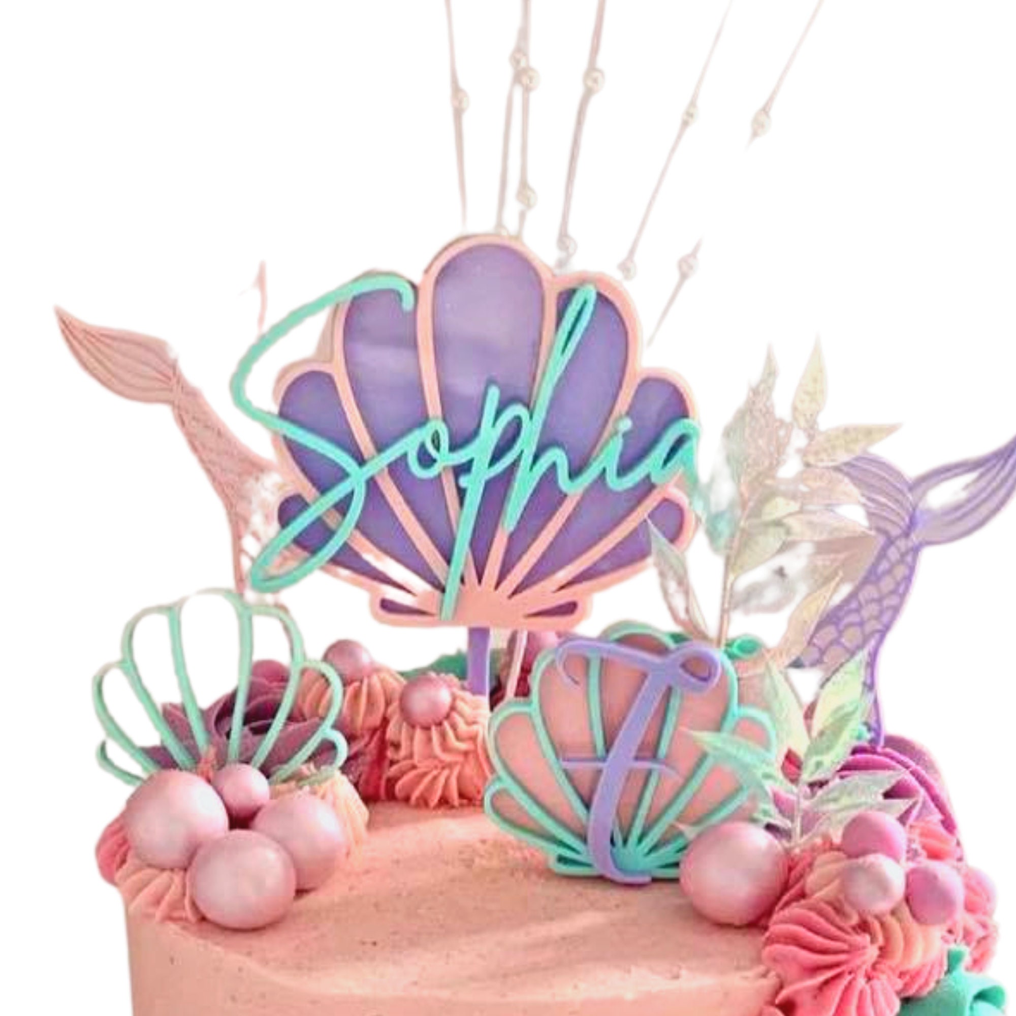 Mermaid Clam Shell Cake Topper - Personalised Name - Sea Theme Acrylic ...