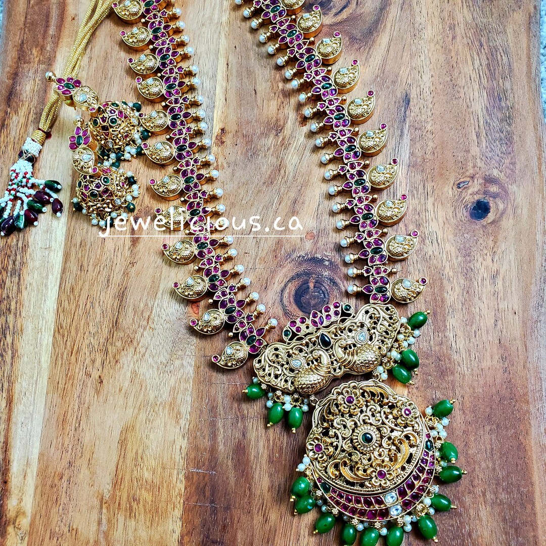 Antique Finish Kemp Mango Haram With Green Beads and Earrings - Etsy