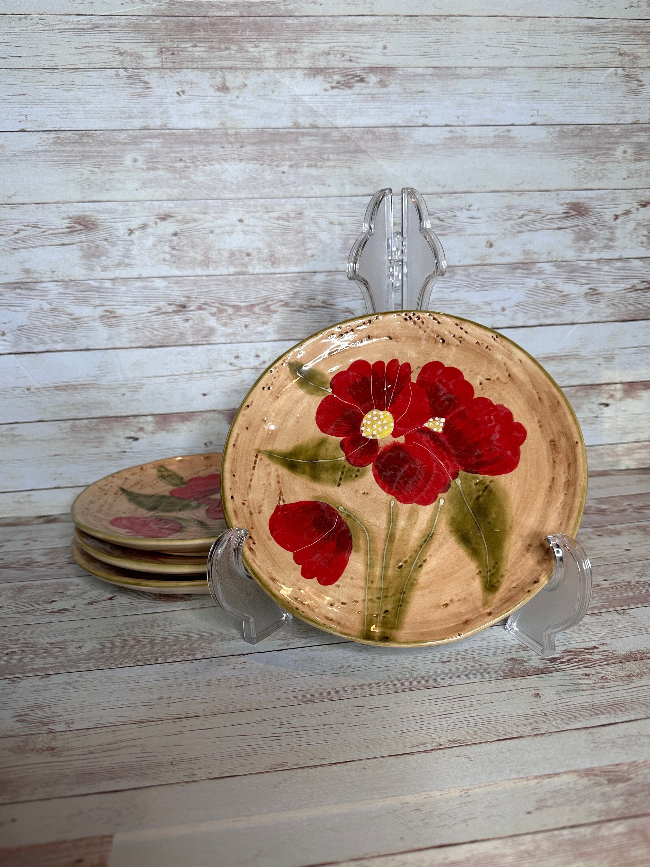 Discontinued Fleur Rustique Red Poppy Dinnerware 4 Salad Plates Red ...