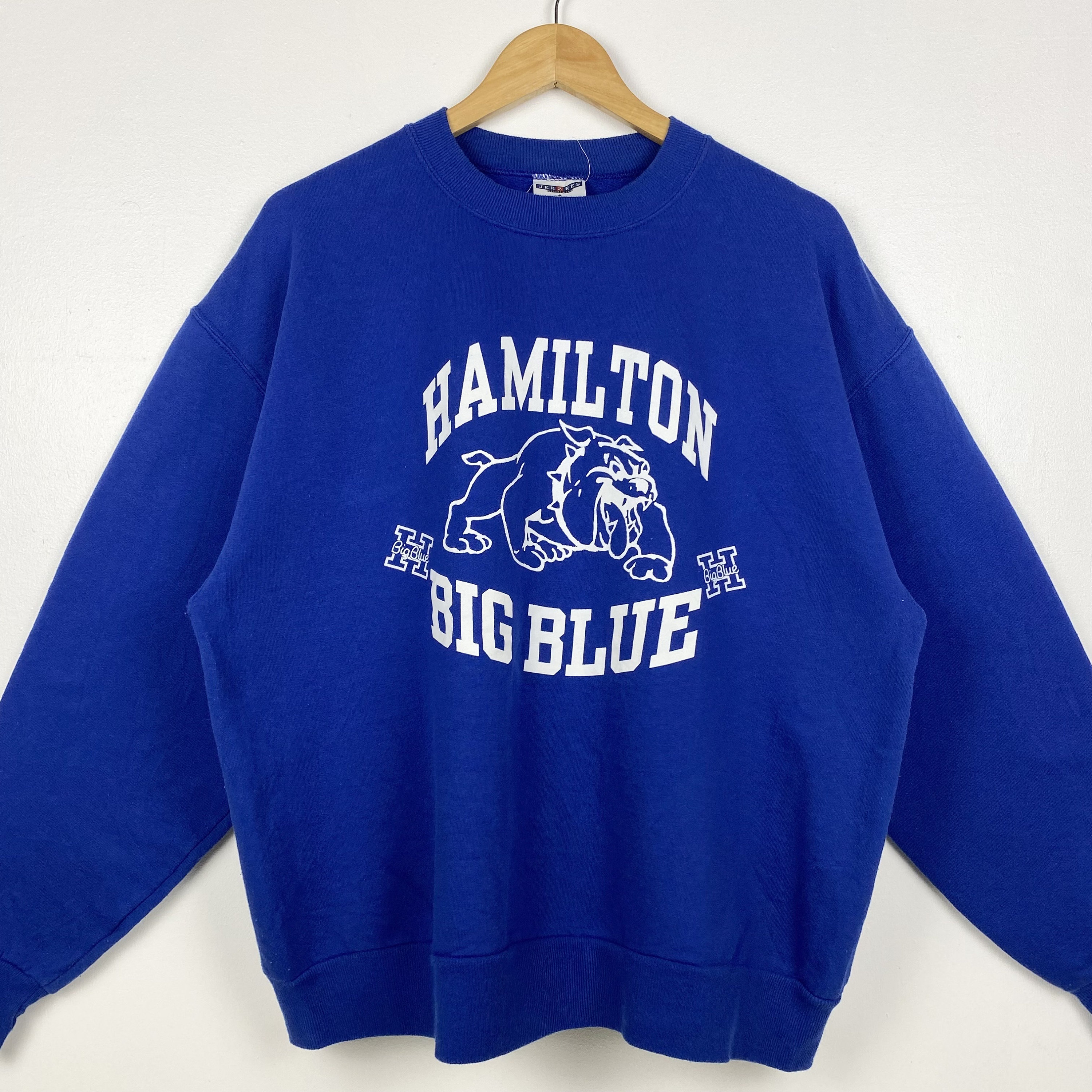 90s Hamilton Big Blue Crewneck Sweatshirt Print Logo Blue Color Mens L ...