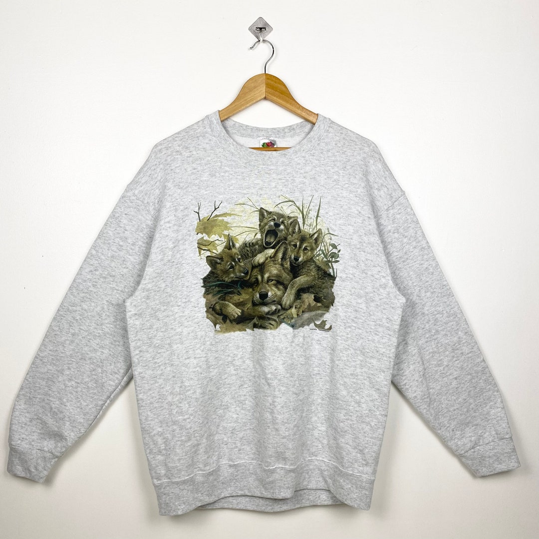 Vintage Wolf Design by Bob Henley Crewneck Sweatshirt Print Logo Grey ...