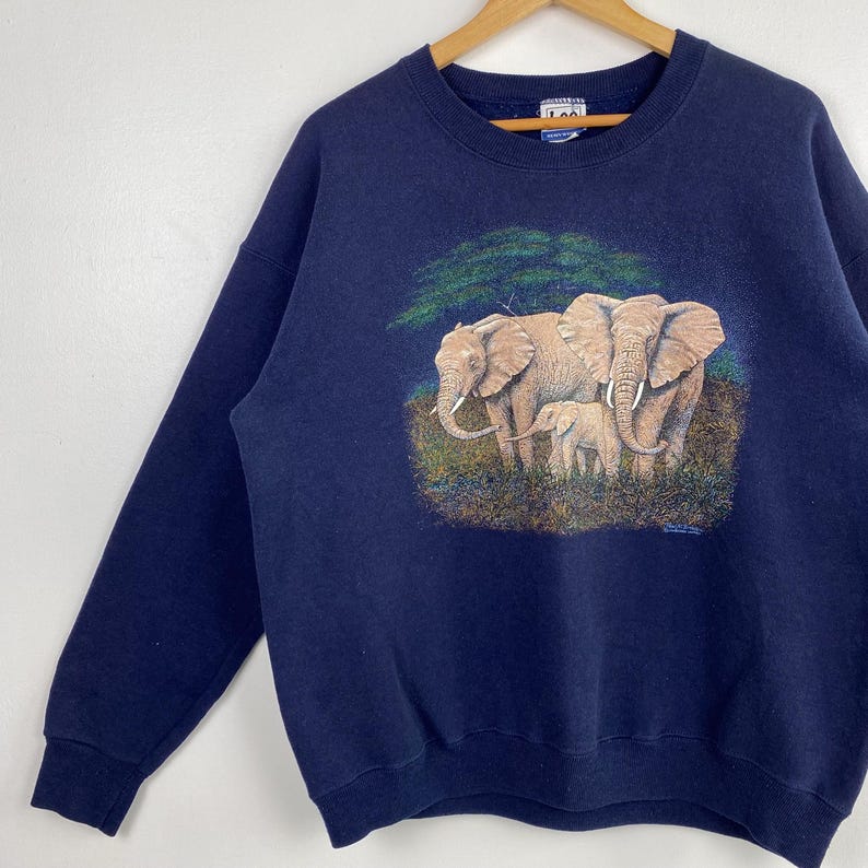 90s Art ‘elephant’ Crewneck Sweatshirt Print Logo Blue Color Men’s Fit ...