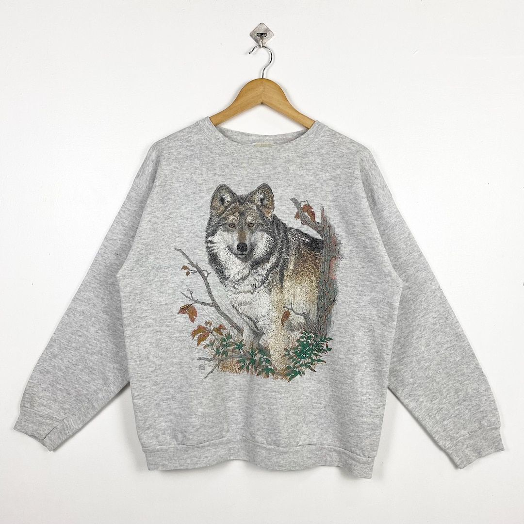 Vintage 90s Wolf Crewneck Sweatshirt - Art - Print Logo - Grey Color ...