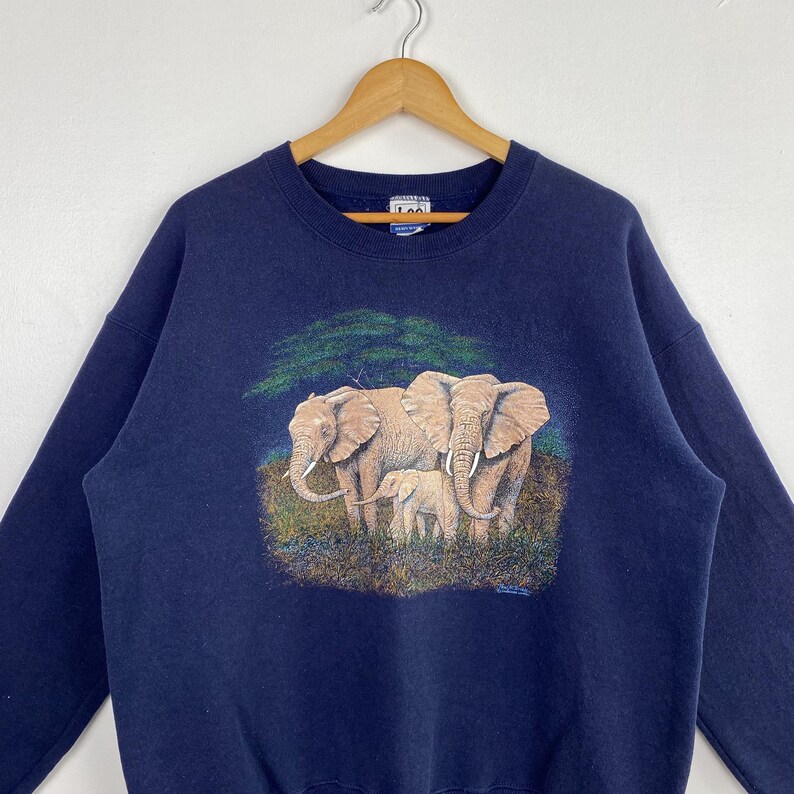 90s Art ‘elephant’ Crewneck Sweatshirt Print Logo Blue Color Men’s Fit ...
