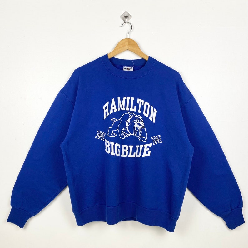 90s Hamilton Big Blue Crewneck Sweatshirt Print Logo Blue Color Mens L ...