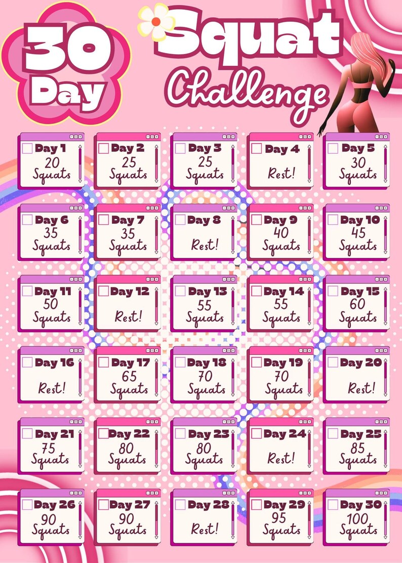 Y2K Themed Girly Squat Challenge, Printable Squats Challenge, Fitness ...