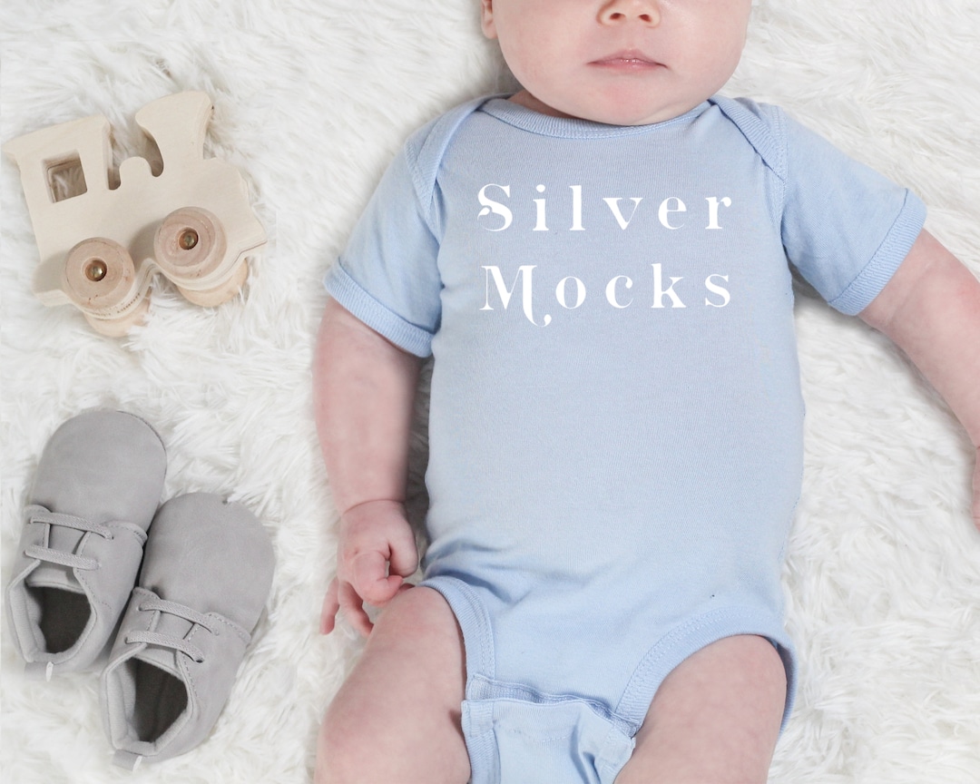4424 Light Blue, Baby Boy Model Mockup, Blue Bodysuit Mockup, Rabbit ...