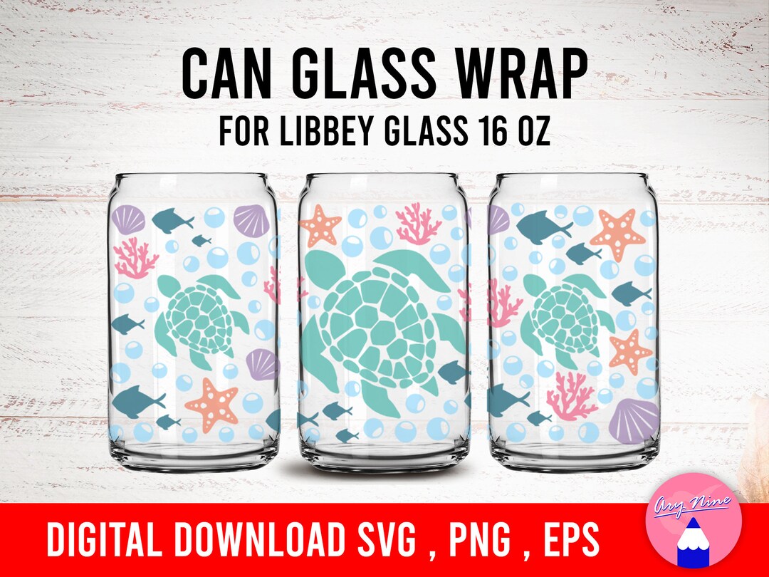 Sea Turtle With Ocean Life, Summer Vibes 16oz Can Glass, Libbey Glass ...
