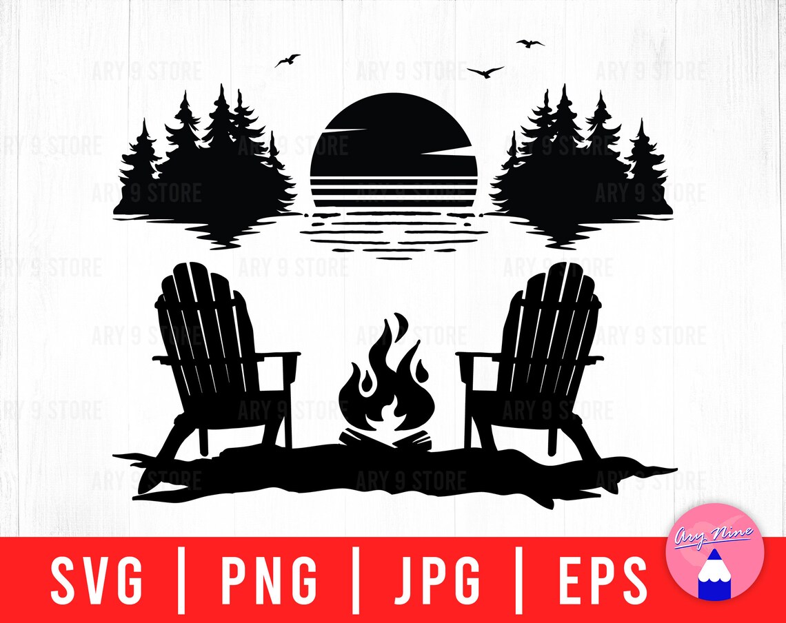 Sunset Lake Scene With Adirondack Chairs Camping Happy - Etsy