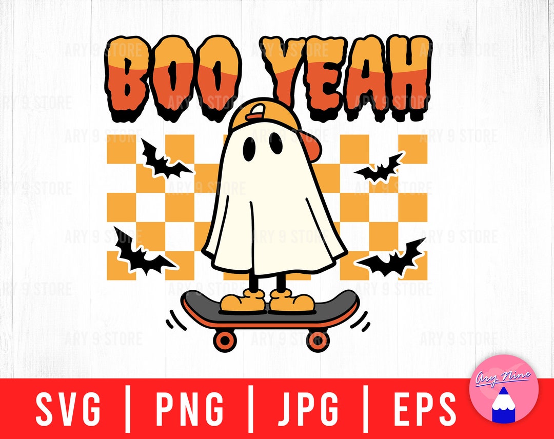 Halloween Boo Yeah Boy Ghost With Retro Skateboard, Retro Spooky Season ...