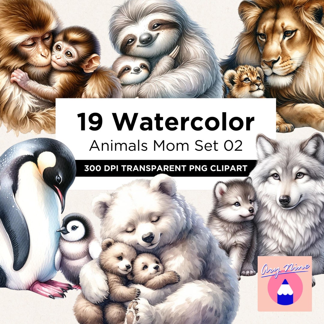 19 Watercolor Animals Mama and Baby Clipart Bundle, Woodland Animals ...