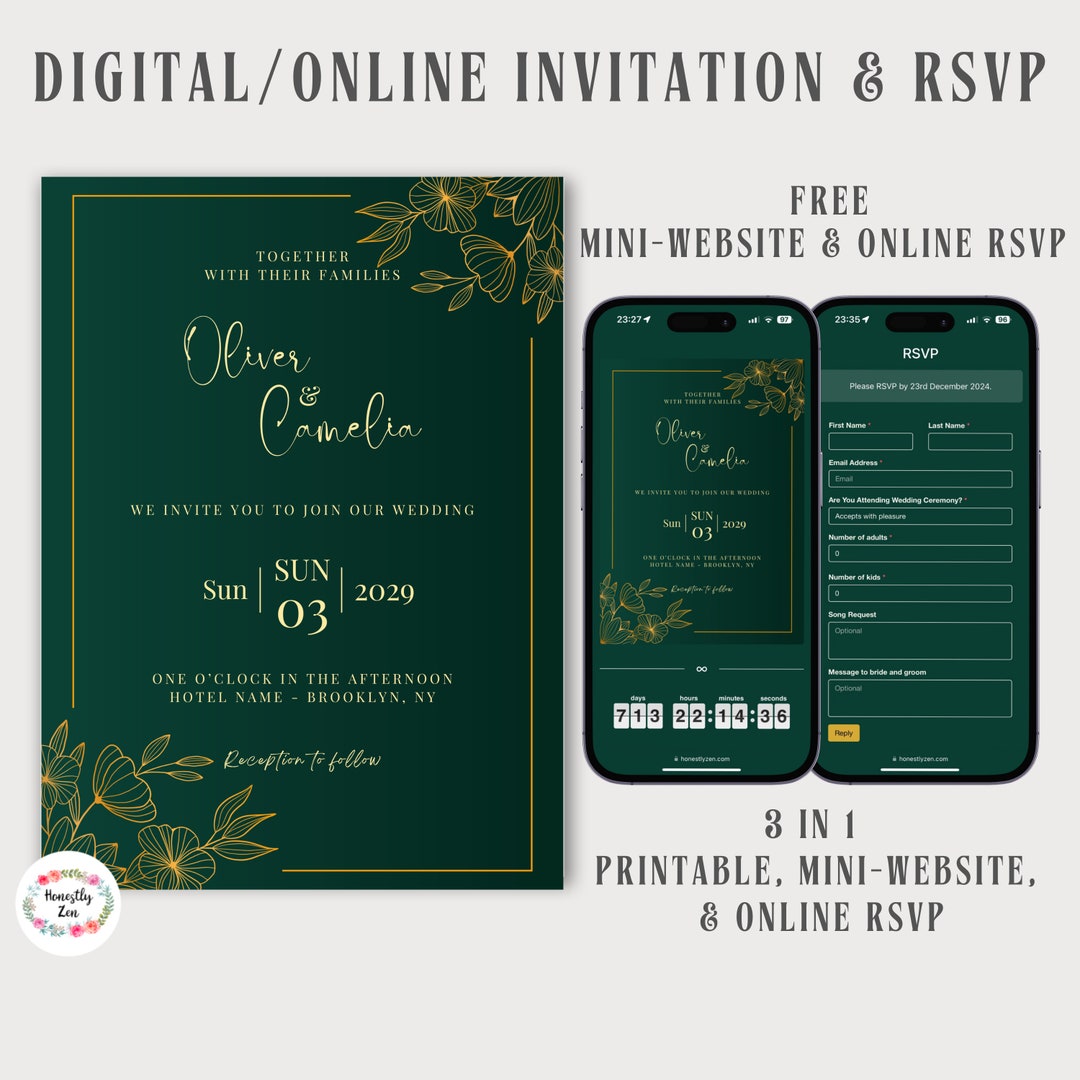 Digital Elegant Emerald Green and Gold Wedding Invitation & RSVP ...