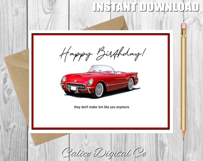 Red Corvette Car Birthday Card Black & White Masculine Happy Birthday ...