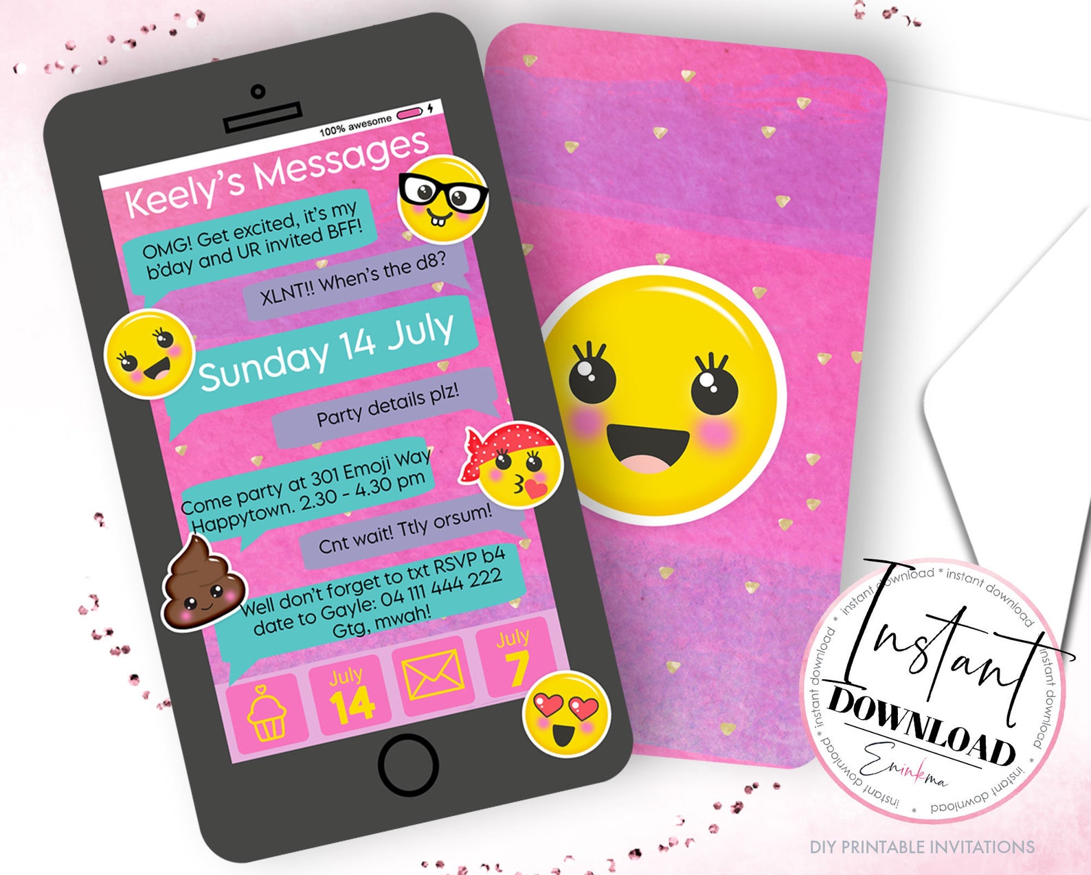 Emoji Invitation, Emoji Phone Printable Invitations, Emoji Birthday ...