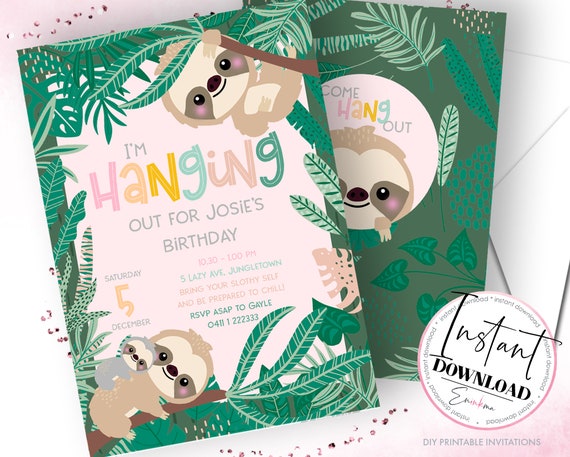 Sloth Invitations, Sloth party theme, Sloth printable invitation by ...