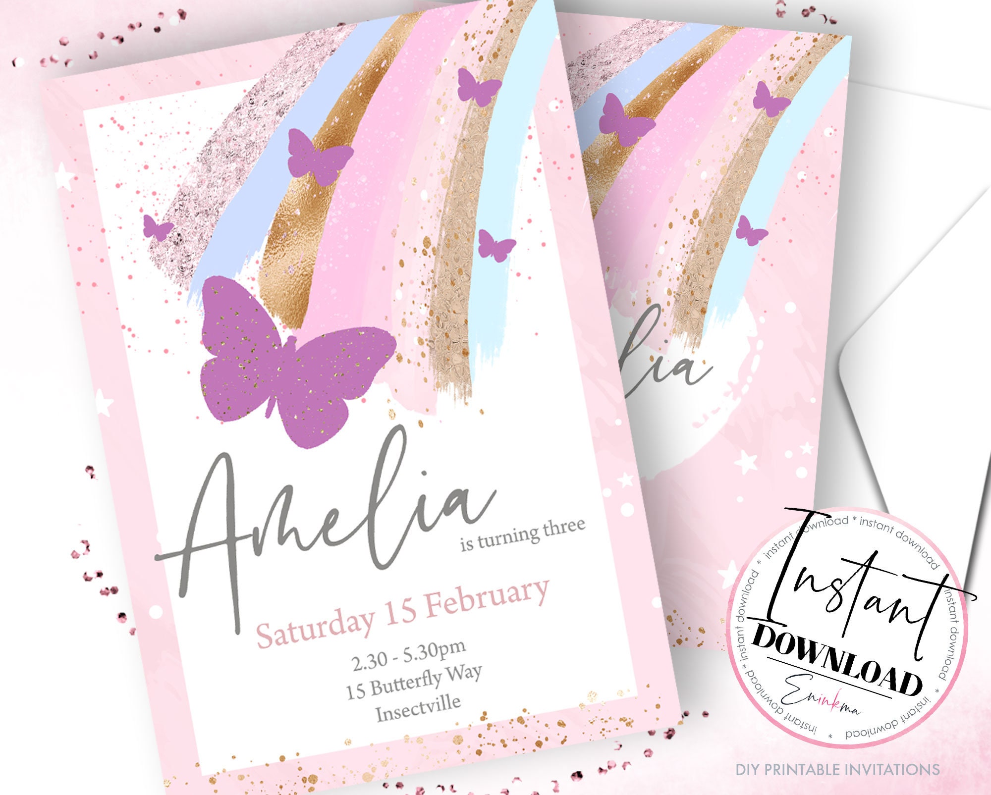 Butterfly Birthday Invitation, Pink Butterfly Invitation, Butterfly ...