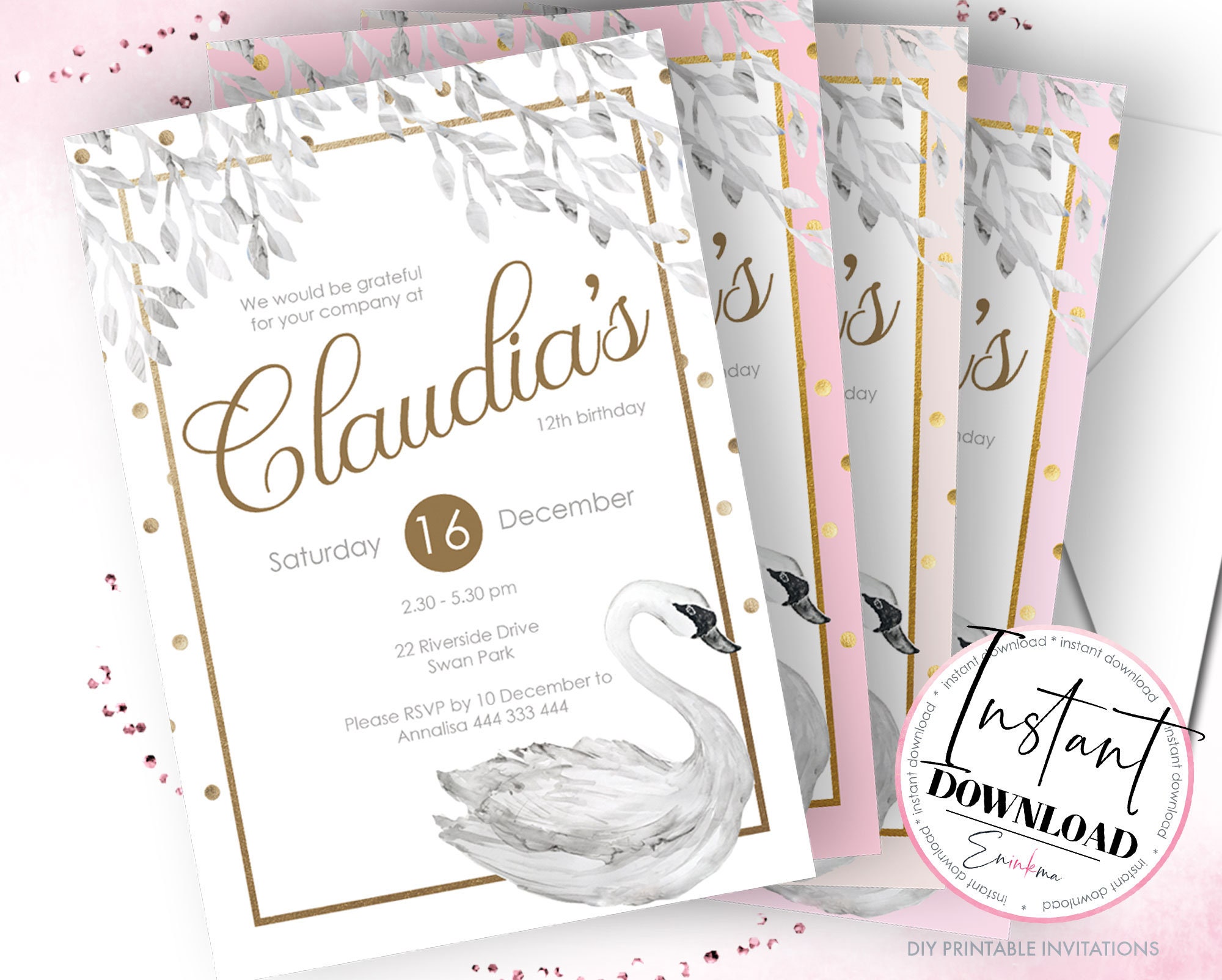 Swan Invitations, Swan Printable Party, Swan Birthday Invitation - Etsy