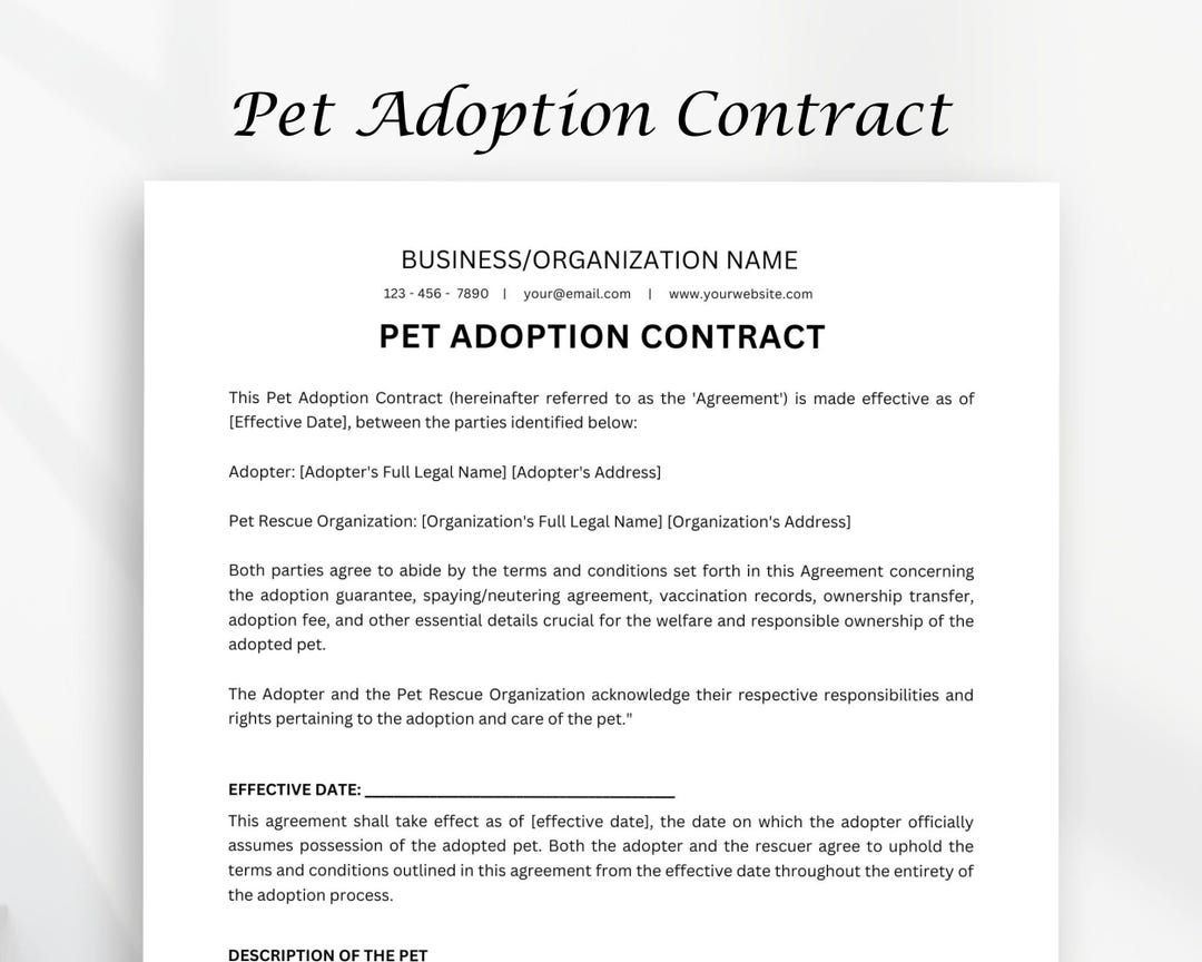 Pet Adoption Contract Forms, Client Consent, Editable Canva Templates ...