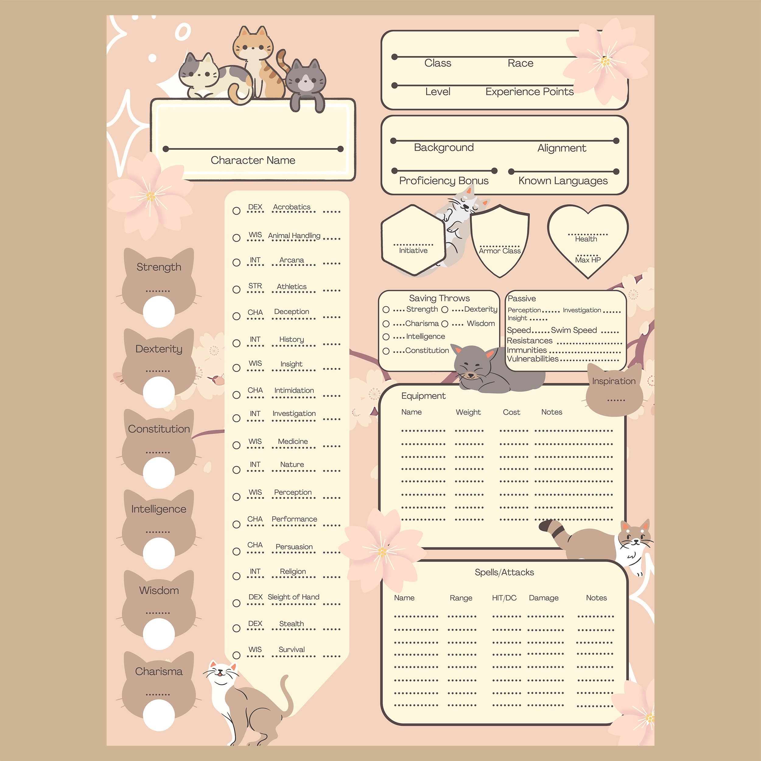 PRINTABLE | D&D 5e Fillable Cute Cats Character Sheet | Blank Template ...