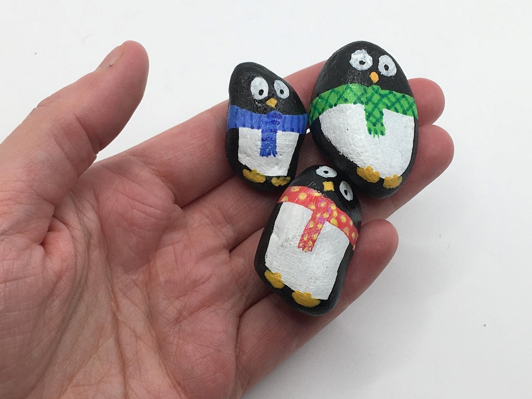 Painted Penguin Stones - Hand Painted Rock - Stone Ornament - Garden ...