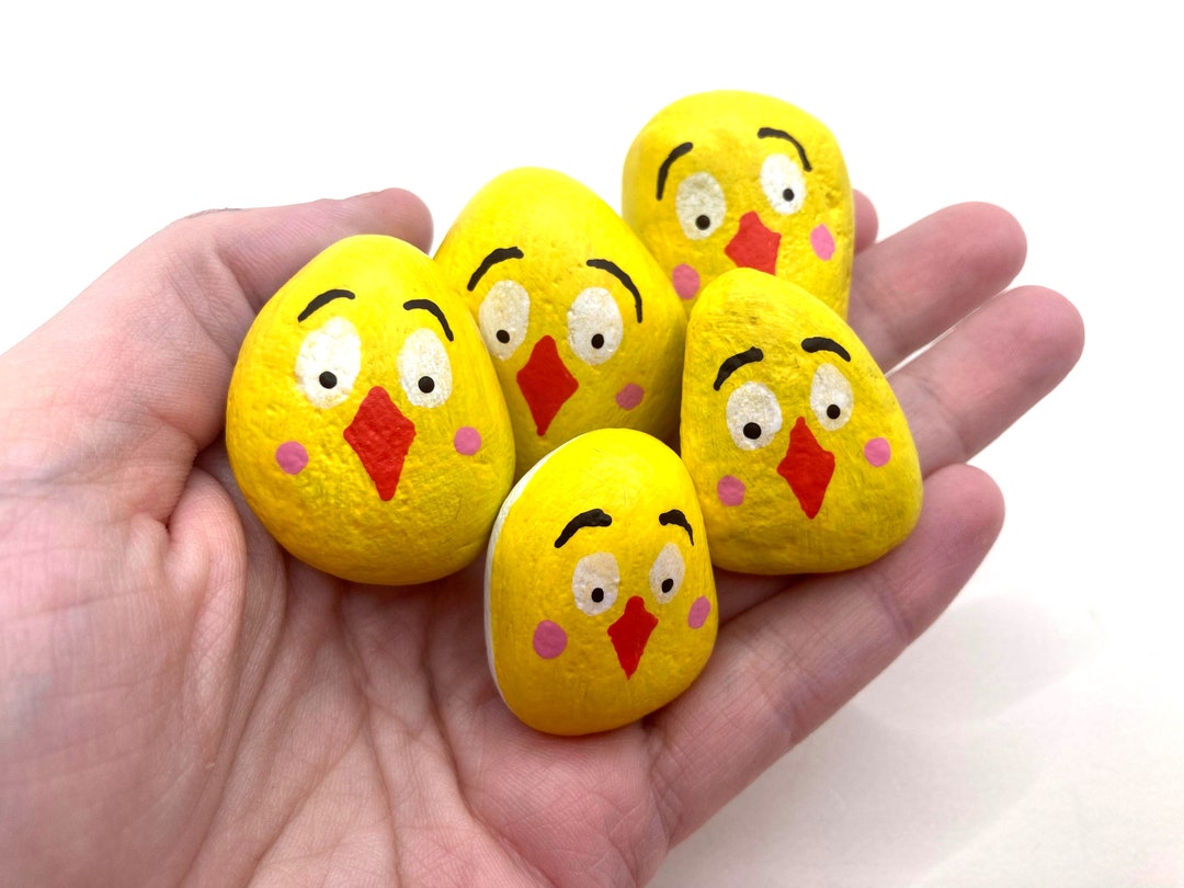 Set of 5 Hand Painted Easter Yellow Chick Stones - Garden and Indoor ...