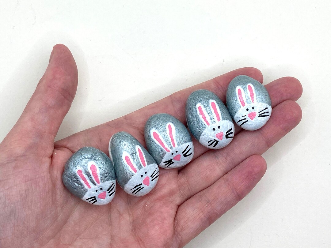 Set of 5 Small Silver Easter Bunny Rabbits Pebbles Rocks - Garden Decor ...