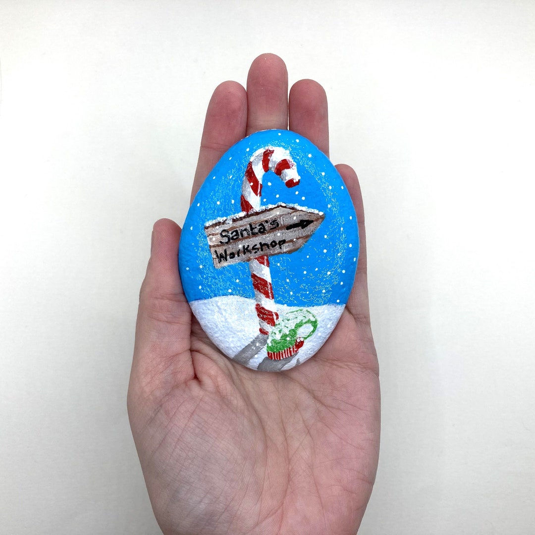 Hand Painted Christmas Rock Santa's Workshop Christmas Paperweight Flat ...