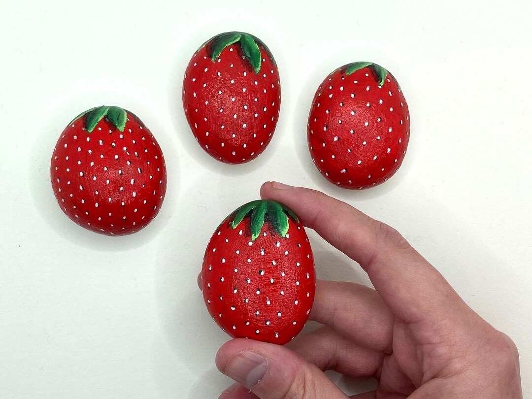 Set of 4 Large Painted Strawberries Actual Sized Stones Rock - Kitchen ...