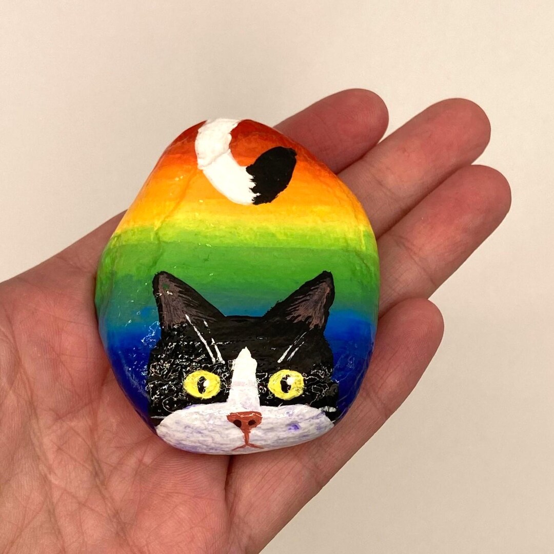 Medium Rainbow Cat Stone - Garden Decor - Indoor Decor - Black and ...