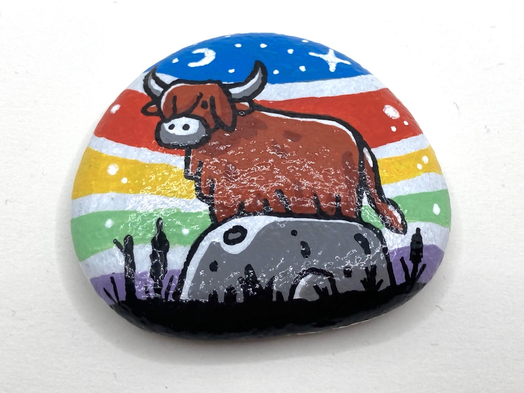 Cartoon Angus Cow Flat Rock - Hand Painted Stones Rocks - Outdoor Decor ...