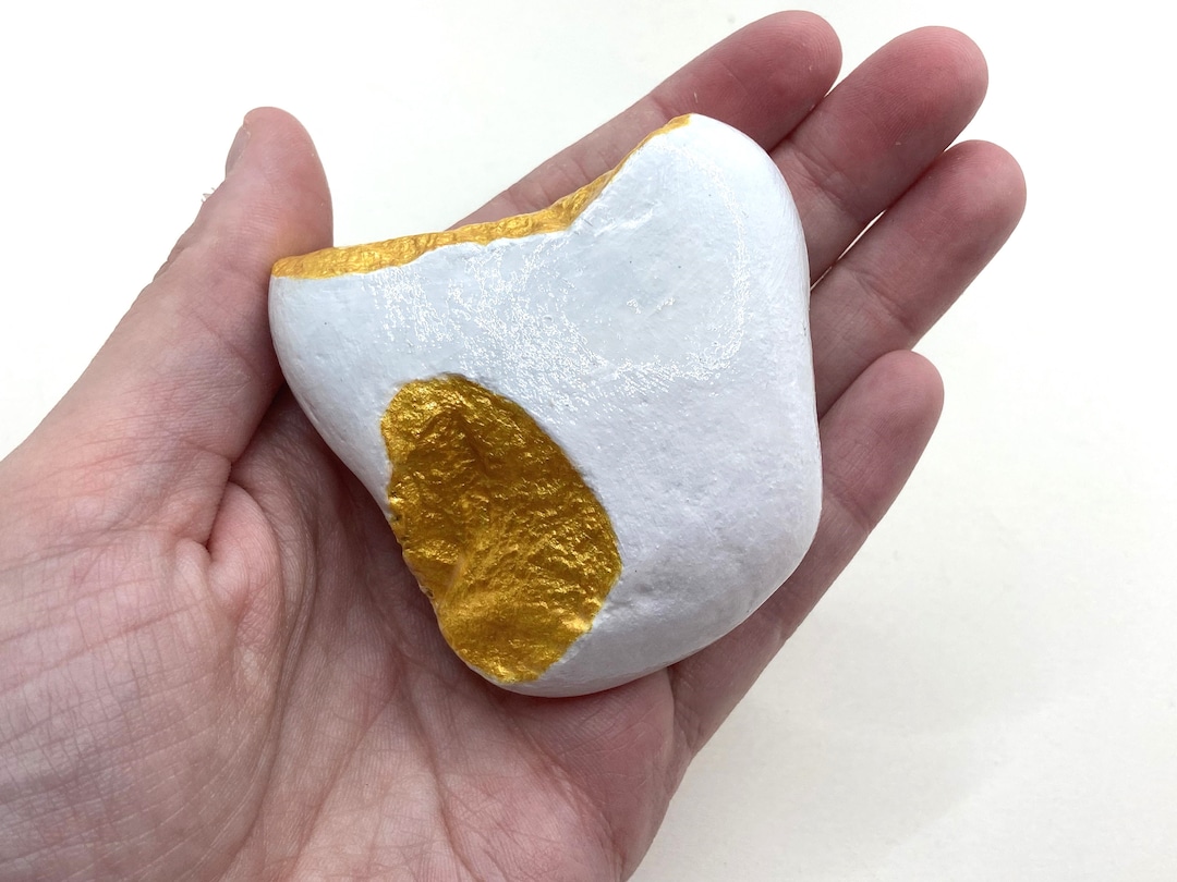 Large Gold and White Rock - Hand Painted Rock - Wedding Stone - White ...
