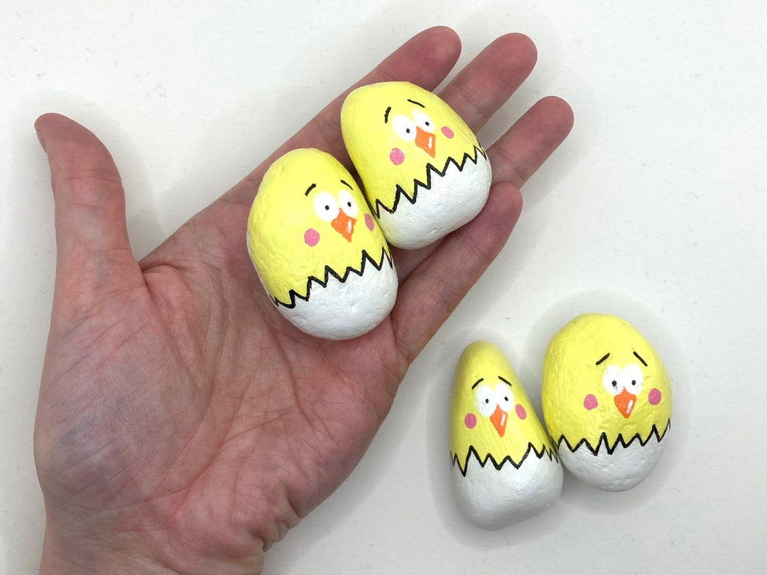 Set of 4 Hand Painted Easter Yellow Hatching Chick Stones - Garden ...