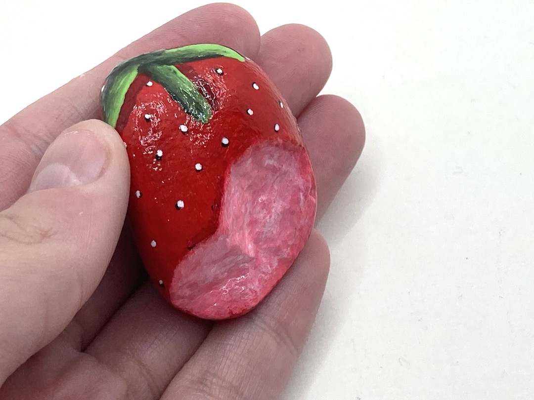 Realistic Bitten Strawberry Rock - Hand Painted Rock - Kitchen Decor ...