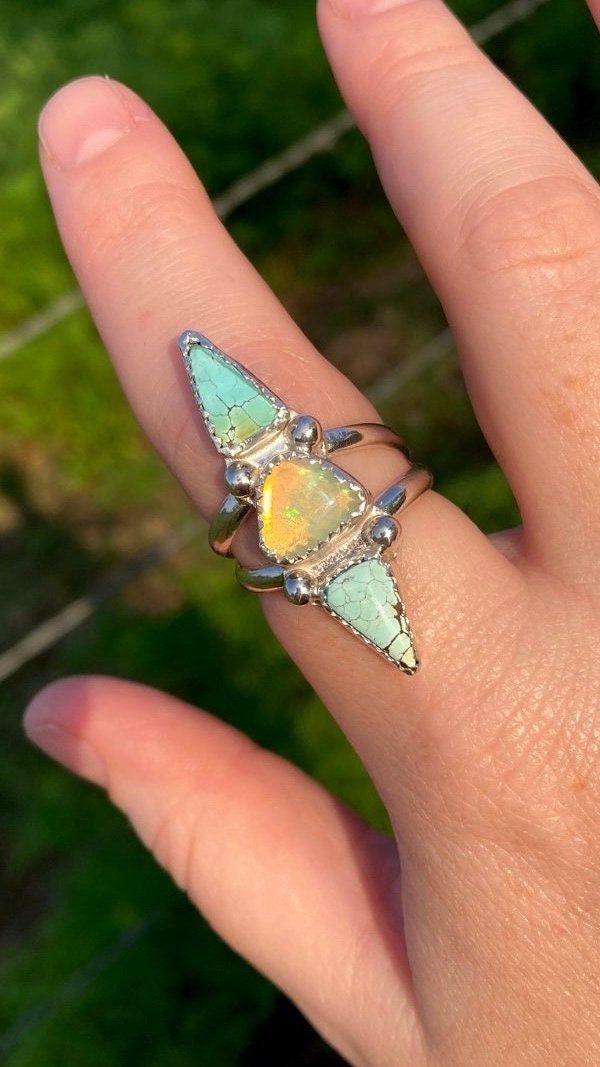 Blue Moon Turquoise and Ethiopian Opal Ring/genuine Turquoise Ring ...