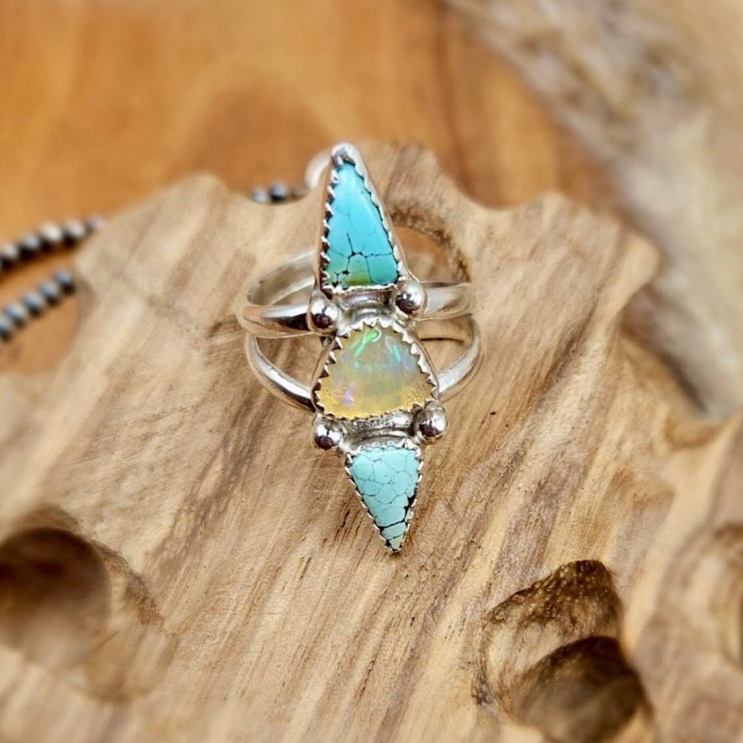 Blue Moon Turquoise and Ethiopian Opal Ring/genuine Turquoise Ring ...