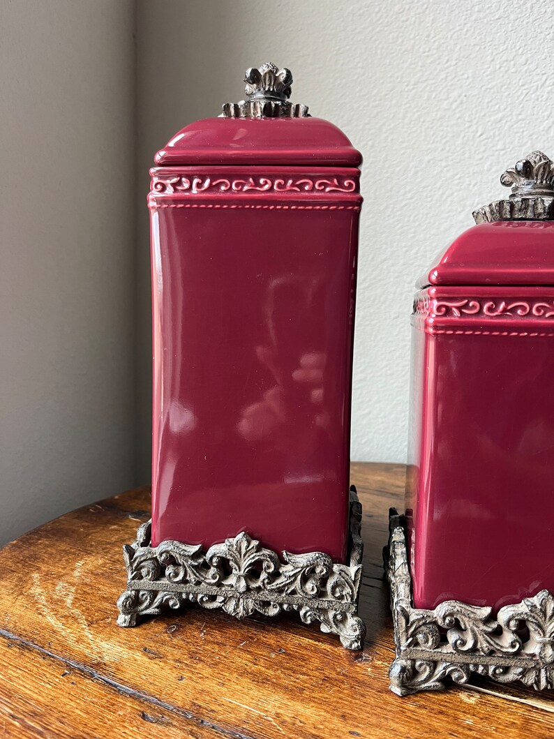 Tuscan Old World Drake Design Burgundy Red Kitchen Canisters Set of 3 ...