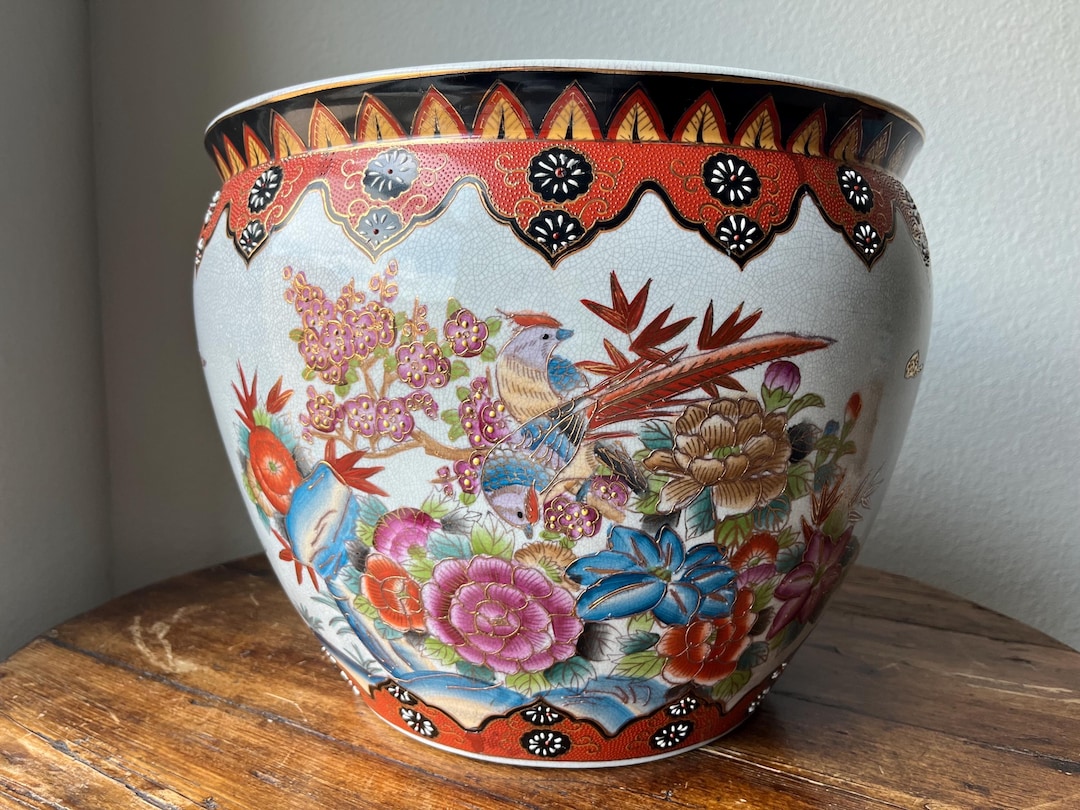 Vintage Chinoiserie Large Porcelain Koi Fish Planter Bowl Cachepot 11 ...