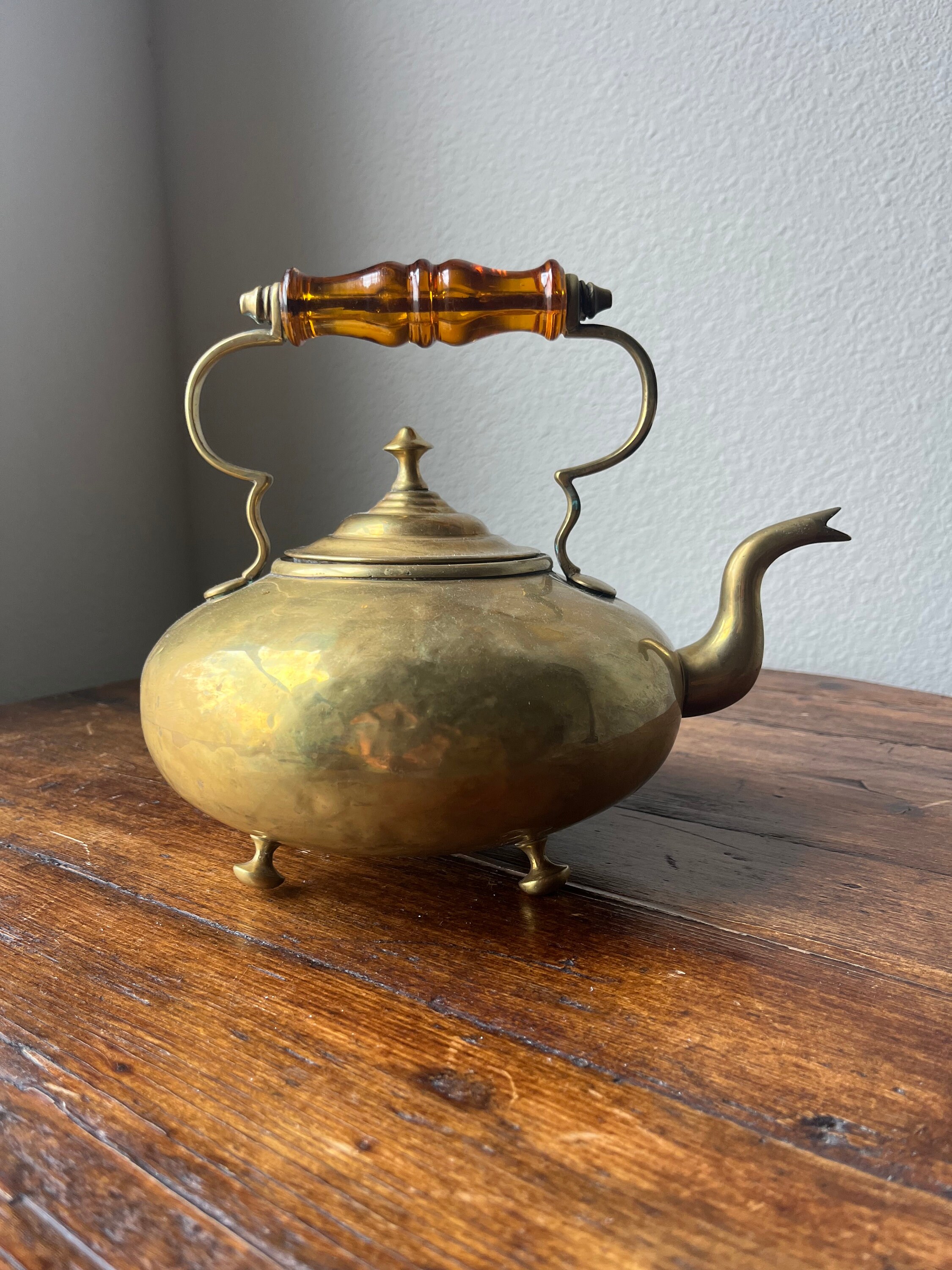 Footed Brass Kettle With Amber Glass Grip Handle - Etsy