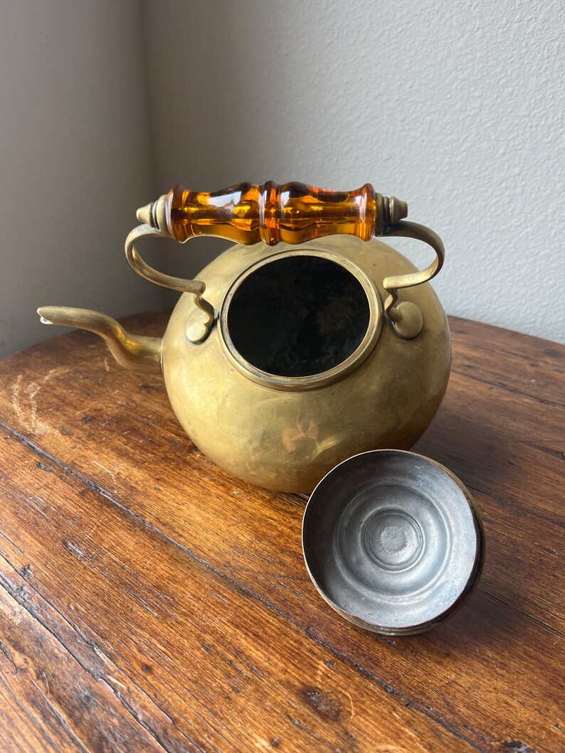 Footed Brass Kettle With Amber Glass Grip Handle - Etsy