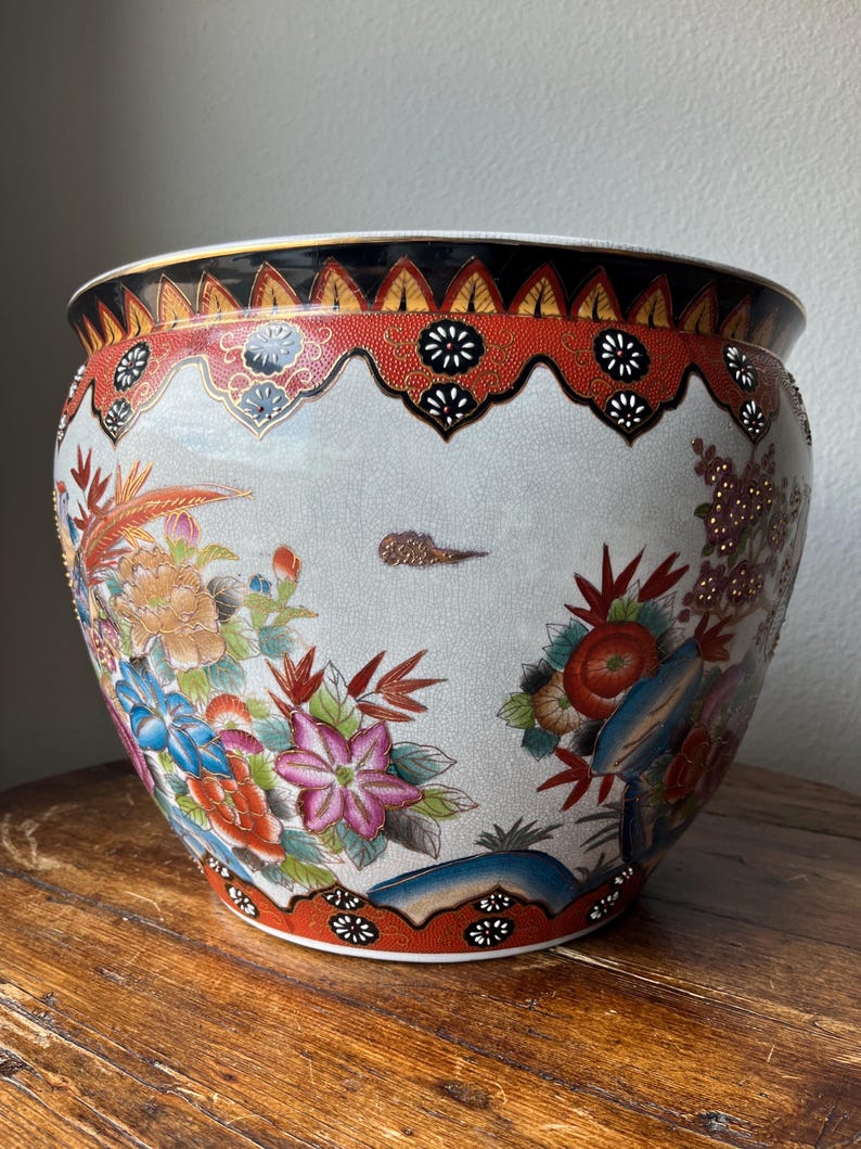 Vintage Chinoiserie Large Porcelain Koi Fish Planter Bowl Cachepot 11 ...