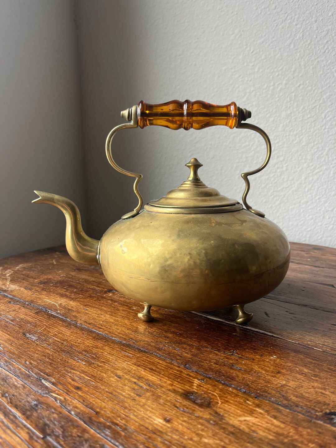 Footed Brass Kettle With Amber Glass Grip Handle - Etsy