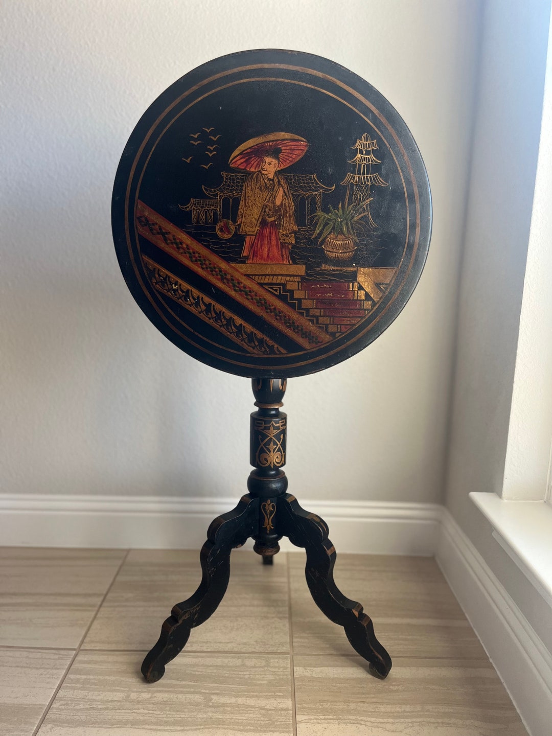 Antique Black Chinoiserie Style Tilt Top Table With Hand-painted Asian ...