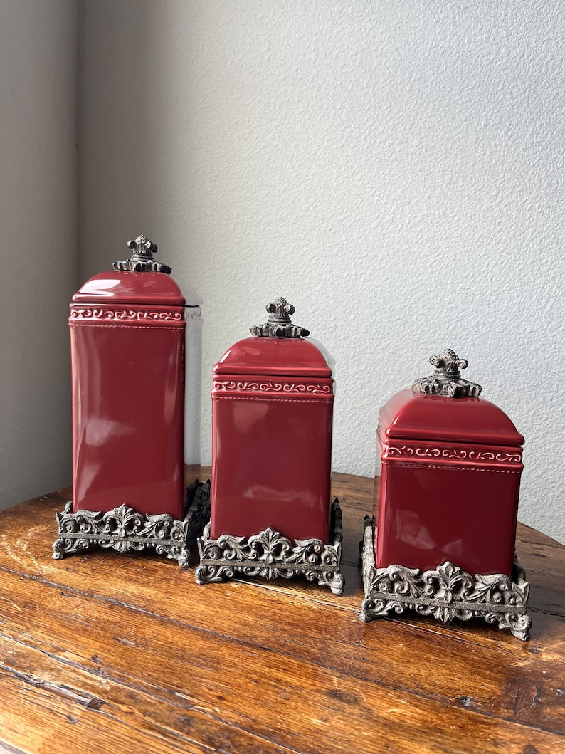 Tuscan Old World Drake Design Burgundy Red Kitchen Canisters Set of 3 ...