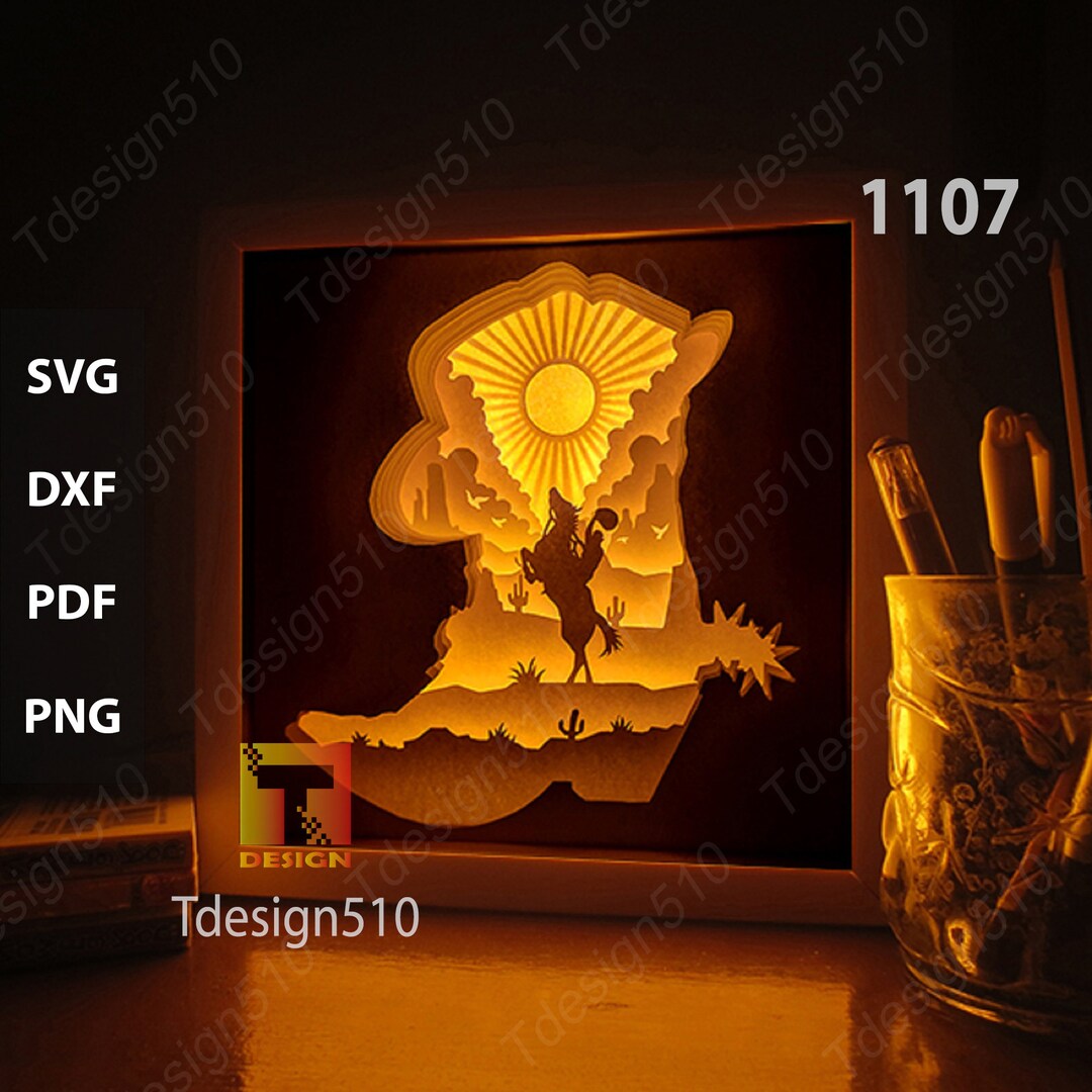 Cowboy Paper Cut Light Box Template, Shadow Box, 3D Papercut Lightbox ...