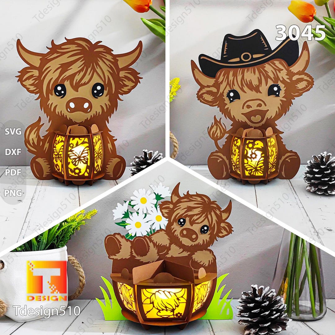 Highland Cow Lantern Paper Cutting Lamp 3D Shadow Box Table Lamp Light ...