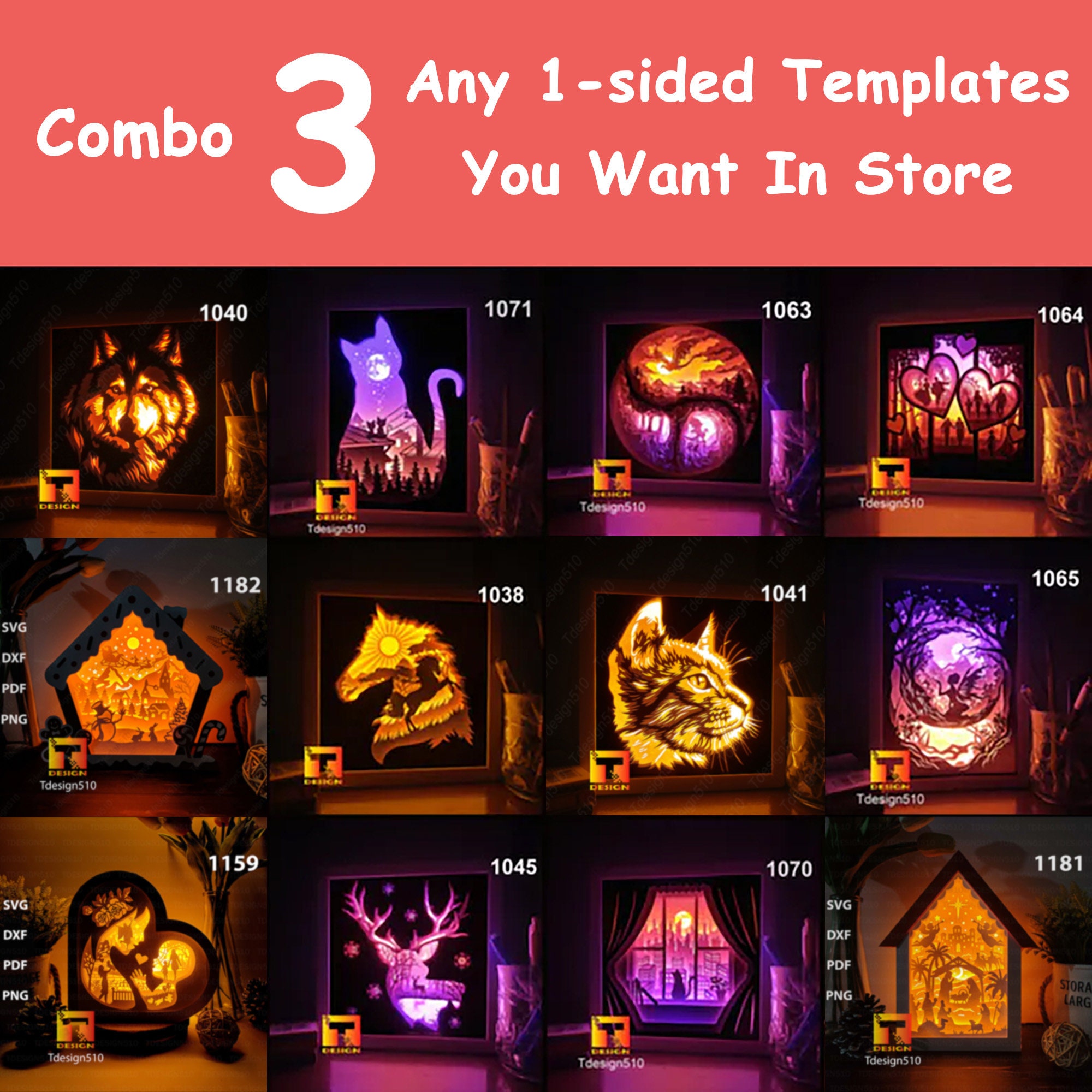 Combo 3 Any 1-sided Templates. Paper Cut Light Box Template, Shadow Box ...