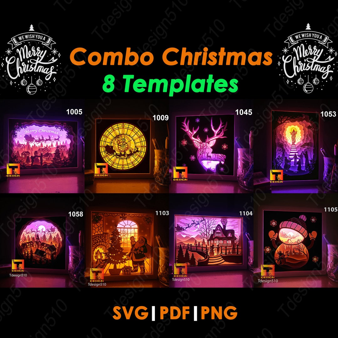 Combo Christmas 8 in 1 Paper Cut Light Box Template Shadow Box, 3D ...
