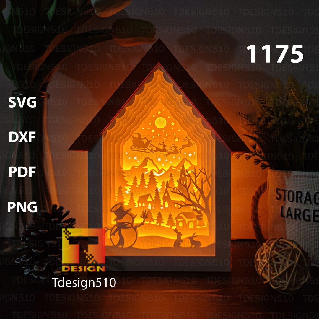 Snowman House Paper Cutting Lamp 3D Shadow Box Light Box Template ...
